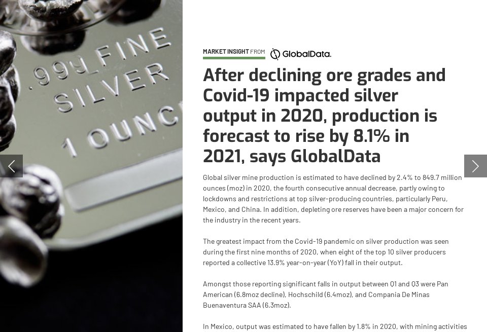 Silver production is forecast to rise by 8.1% in 2021, says GlobalData ...