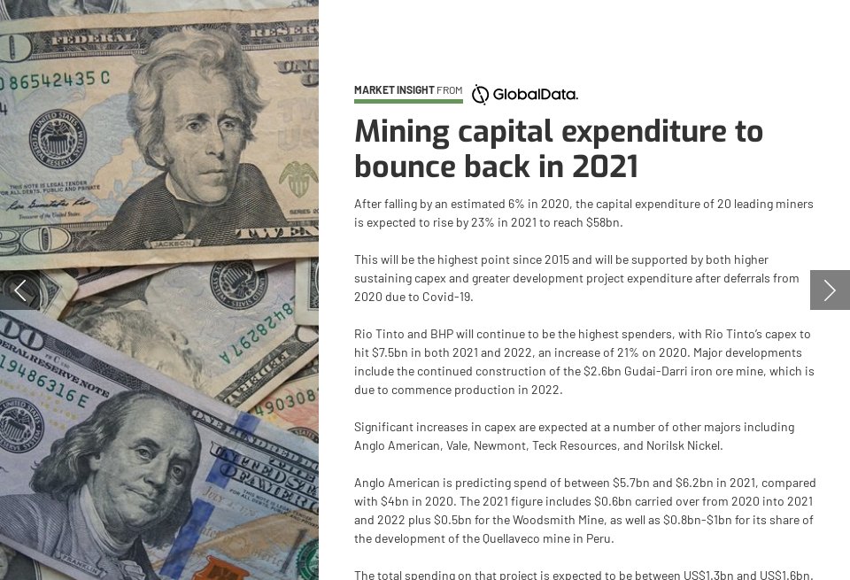 Mining capital expenditure to bounce back in 2021 - Mine Australia ...