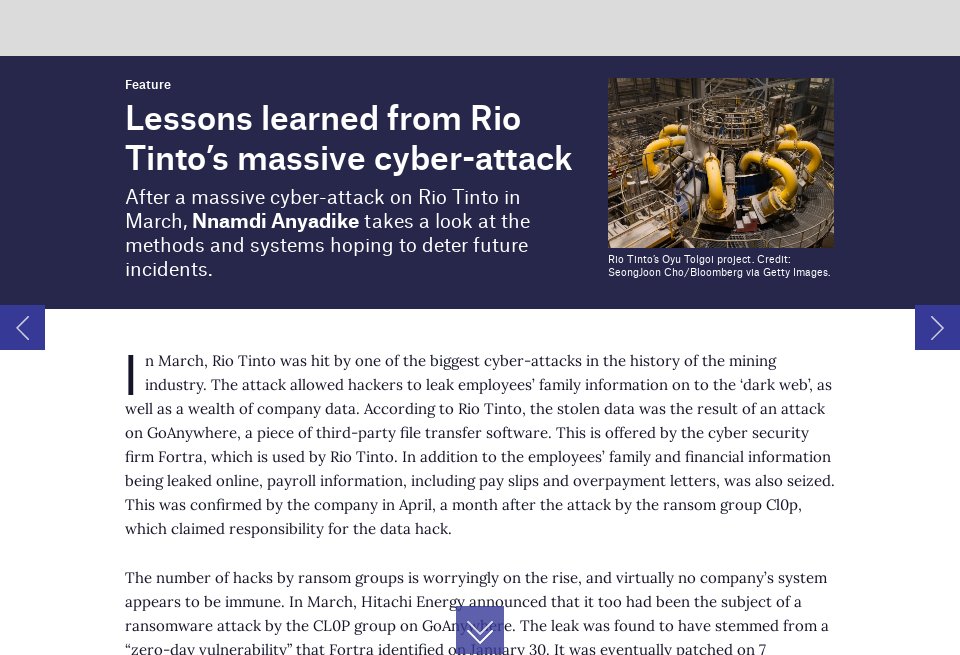 Lessons learned from Rio Tinto’s massive cyber-attack - Mine | Issue 129 | June 2023